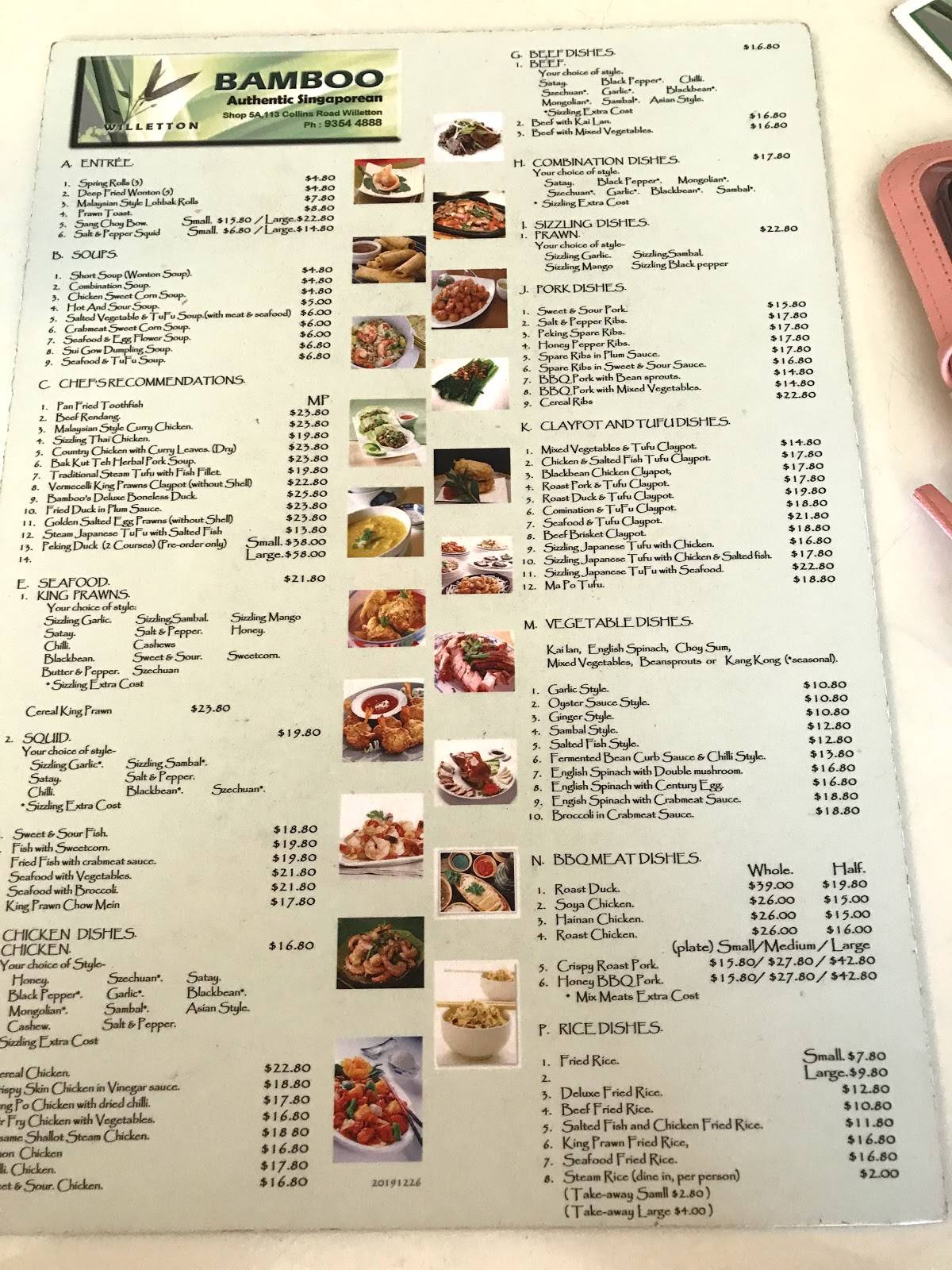 Menu at Bamboo Authentic Singaporean fast food, Willetton