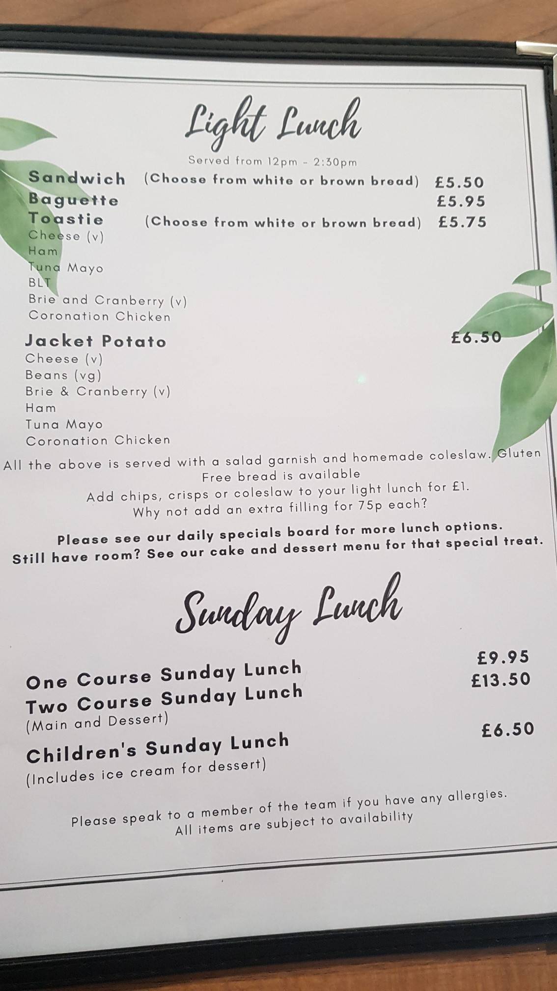 Menu at Banwell Garden Centre cafe, Banwell
