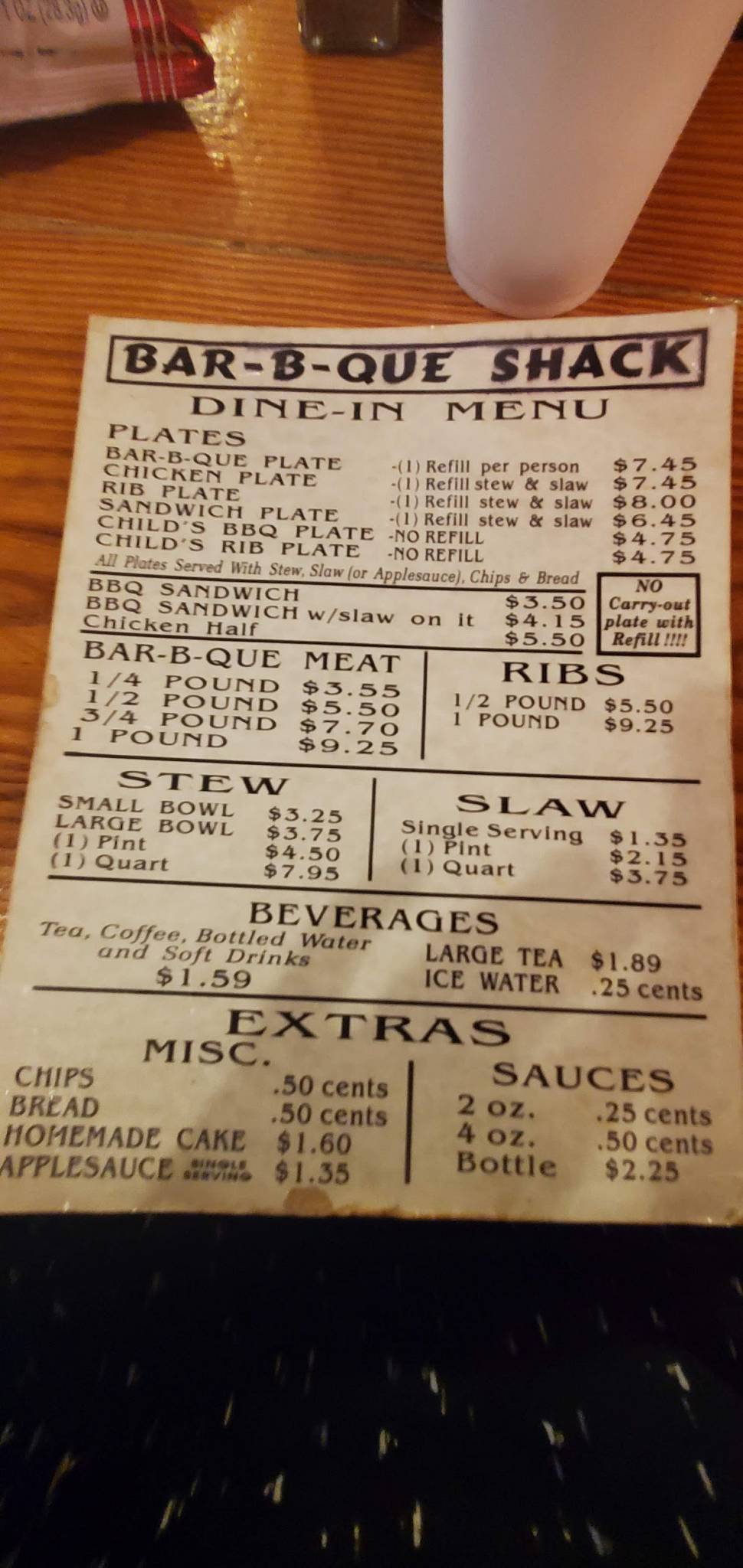 Menu at Bar-B-Q Shack, Toccoa