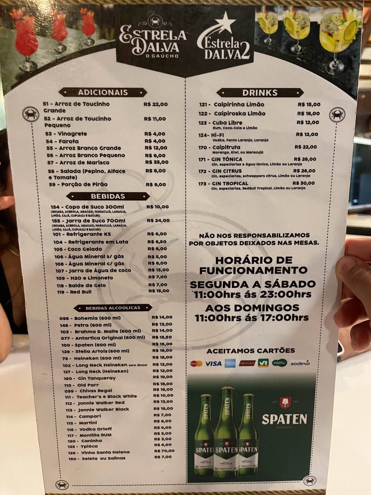 Menu em Bar Estrela Dalva O Gaúcho, São Luís