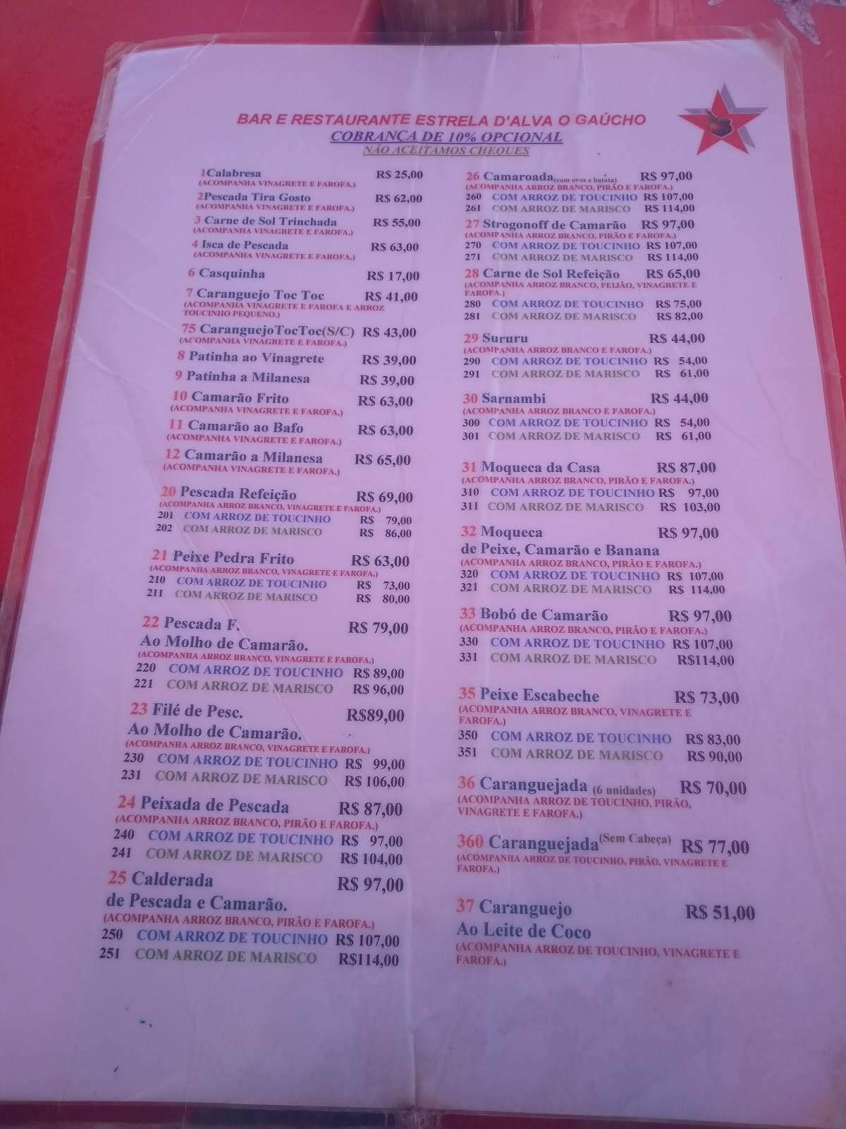 Menu em Bar Estrela Dalva O Gaúcho, São Luís
