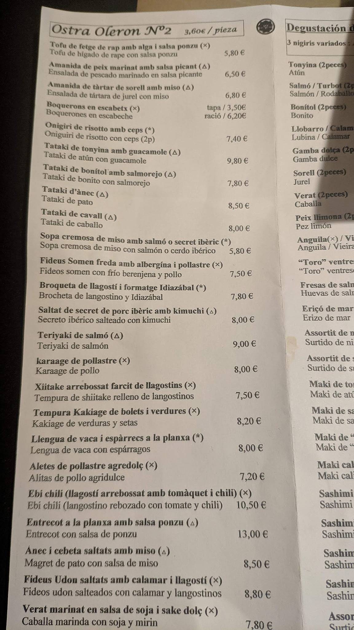 Carta del restaurante Can Kenji, Barcelona, C/ del Rosselló