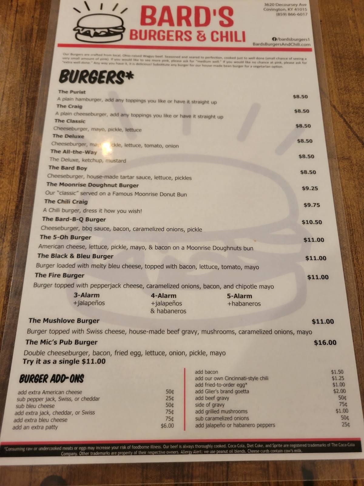 Menu at Bard's Burgers & Chili, Covington