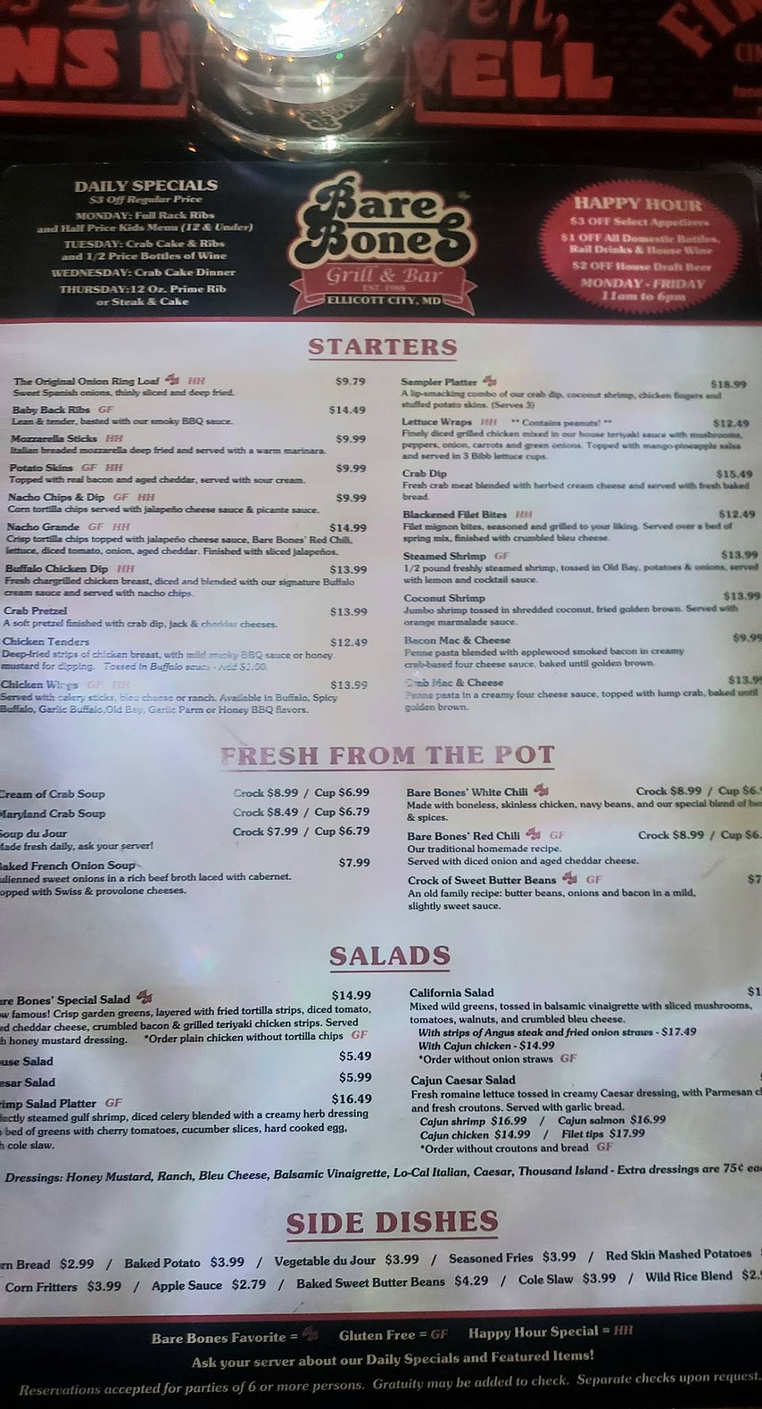 Menu at Bare Bones Bar & Grill, Ellicott City