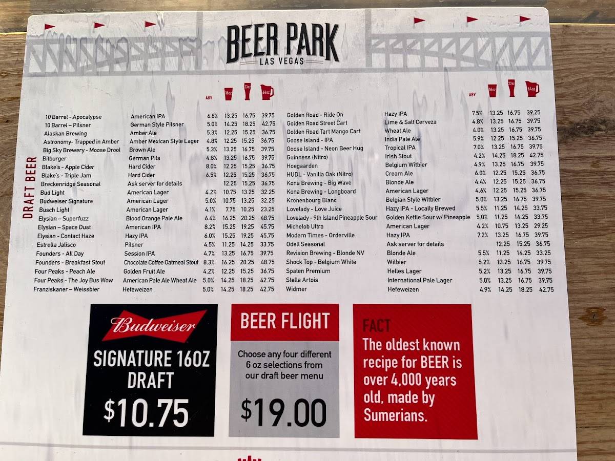 Menu at Beer Park pub & bar, Las Vegas, S Las Vegas Blvd