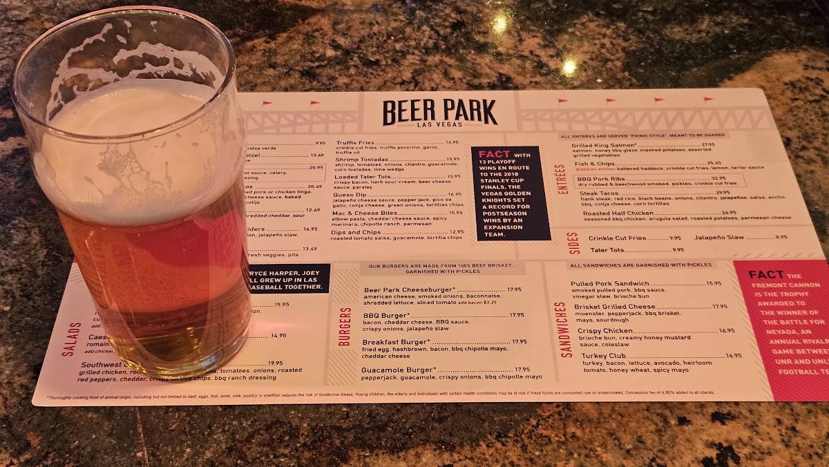 Menu at Beer Park pub & bar, Las Vegas, S Las Vegas Blvd