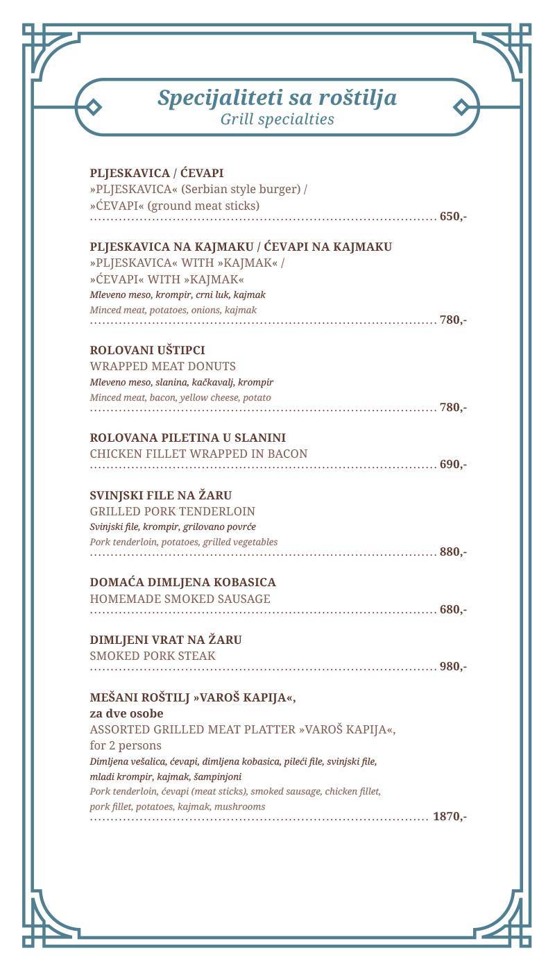 Menu au Restoran Varoš Kapija restaurant, Belgrade