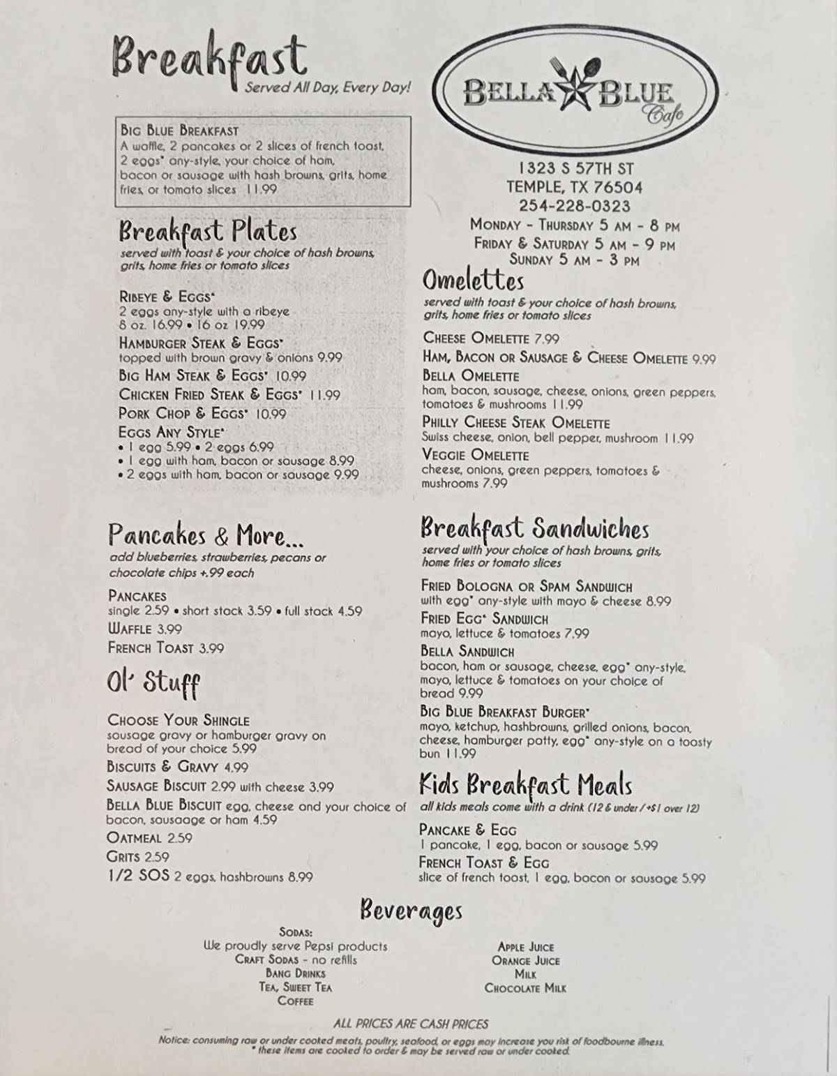 Menu at Bella Blue Cafe, Temple