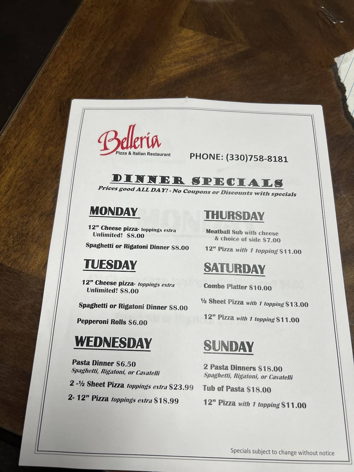 Menu at Belleria Boardman pizzeria, Boardman, Market St