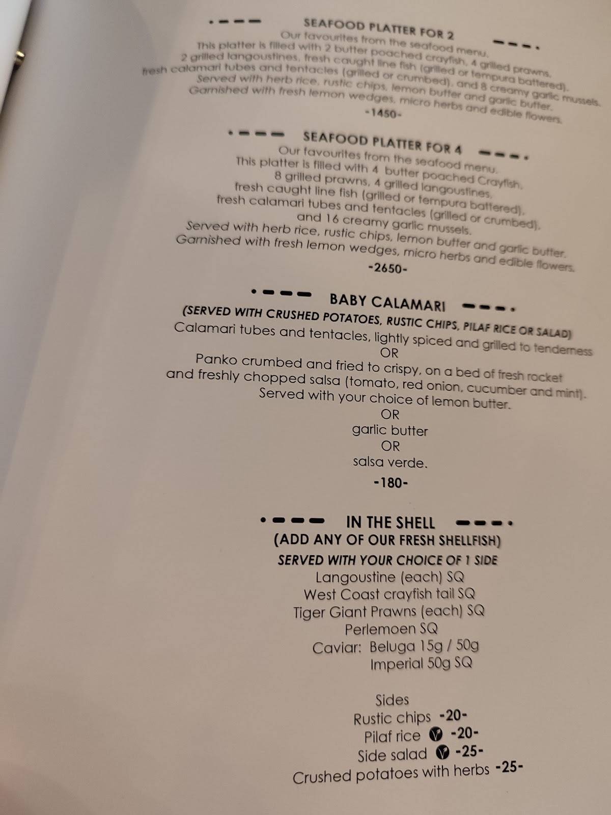 Menu at Beluga Cape Town restaurant, Cape Town