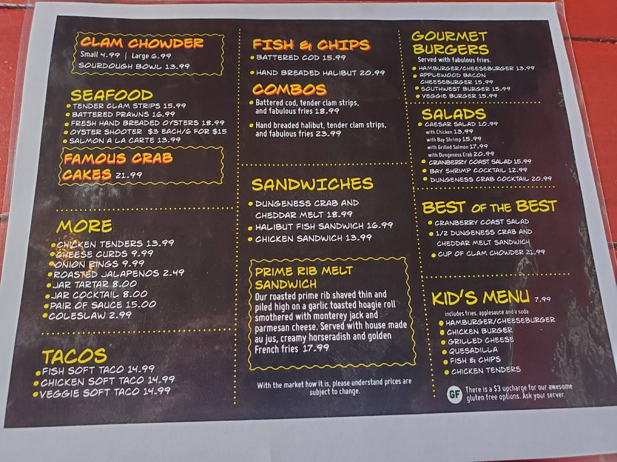 Menu at Bennett's Fish Shack restaurant, Ocean Shores