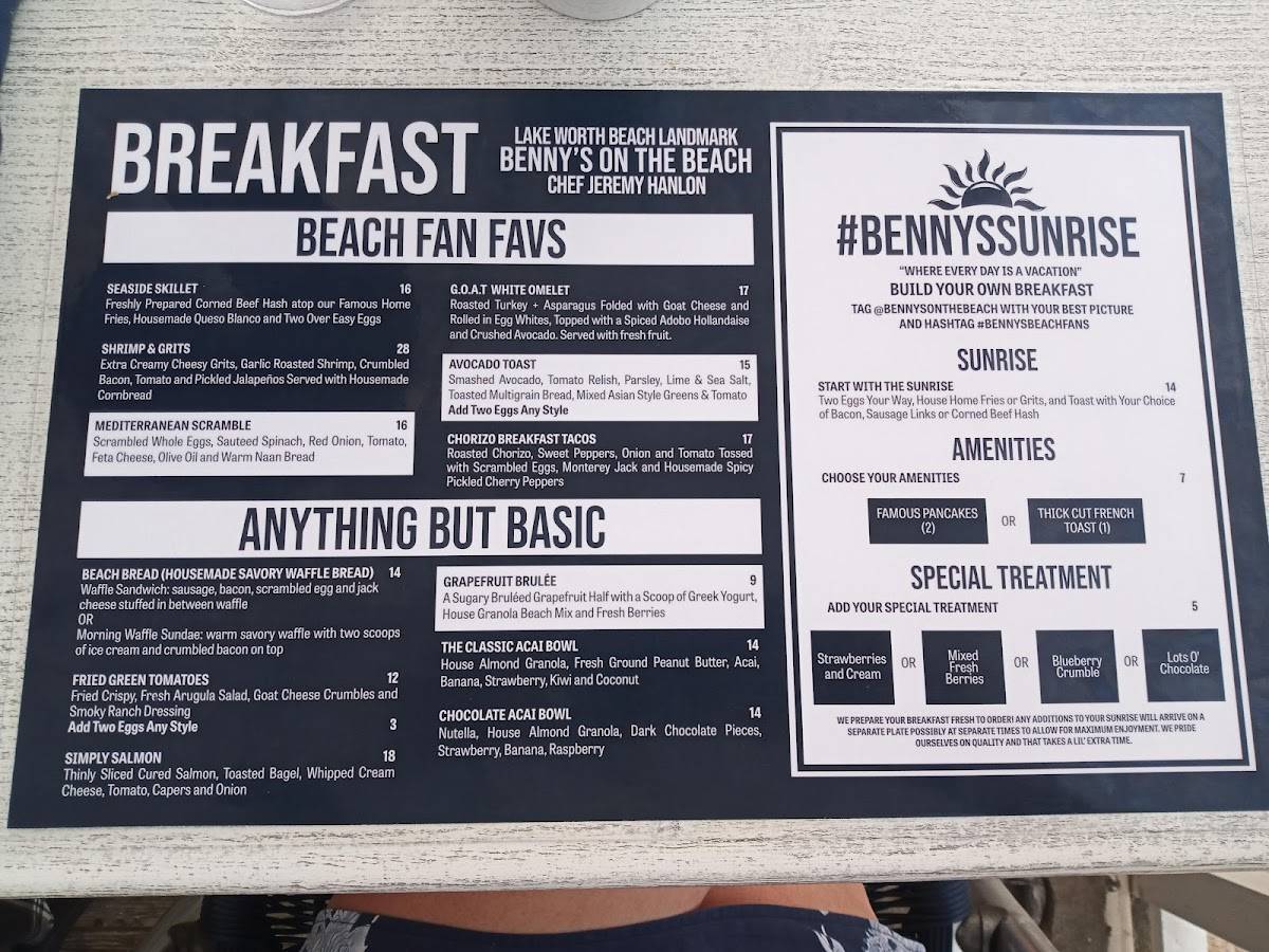 Menu at Benny's On The Beach - Pier pub & bar, Lake Worth