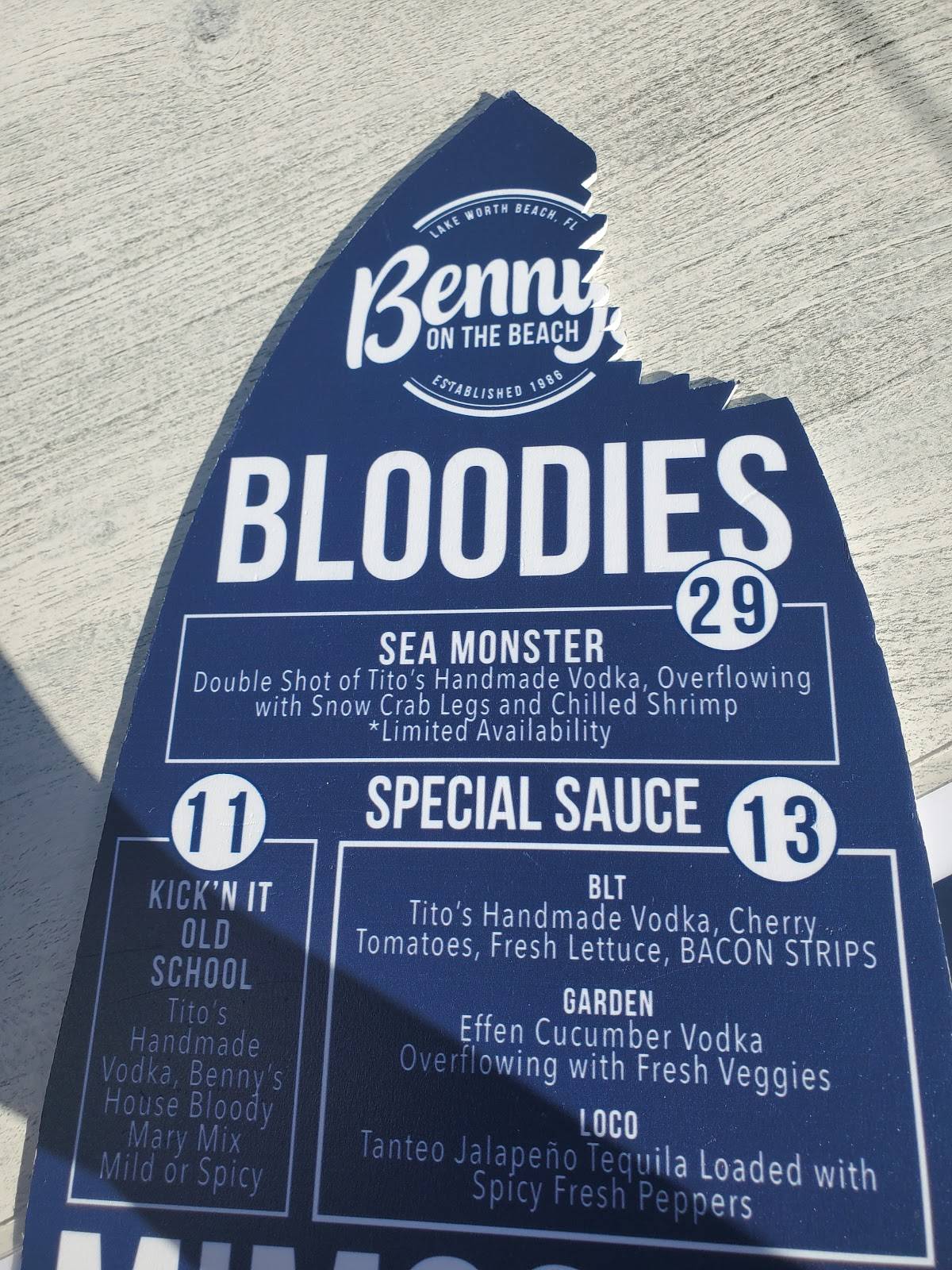 Menu at Benny's On The Beach - Pier pub & bar, Lake Worth