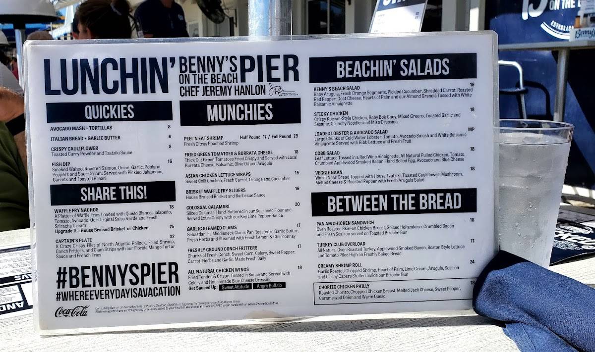 Menu at Benny's On The Beach - Pier pub & bar, Lake Worth