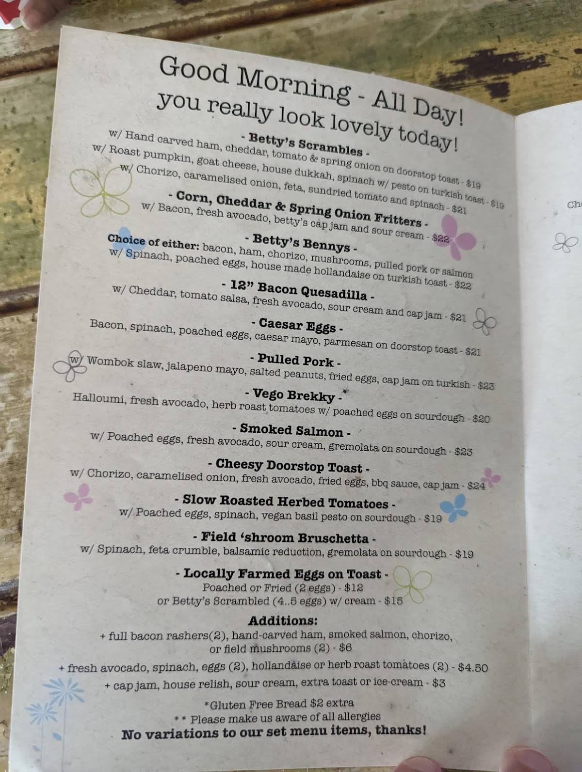 Menu at Betty Blue & The Lemon Tart restaurant, Townsville, 95 Denham St
