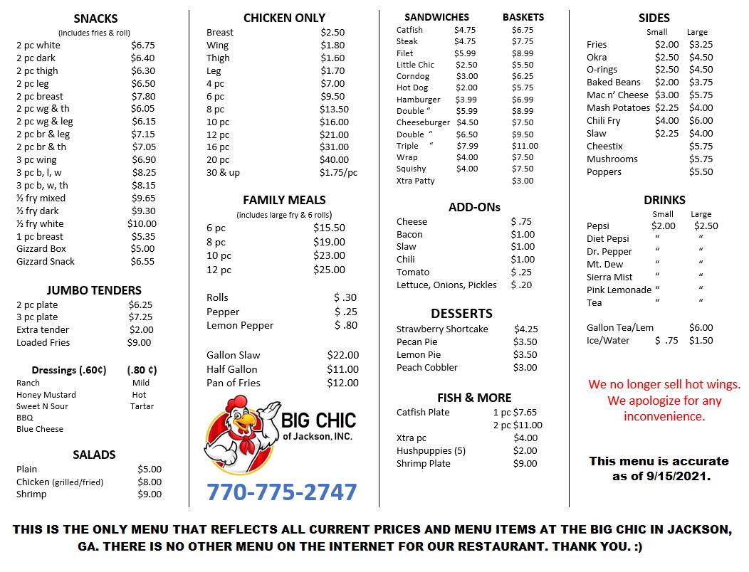Menu at Big-Chic of Jackson Inc fast food, Jackson