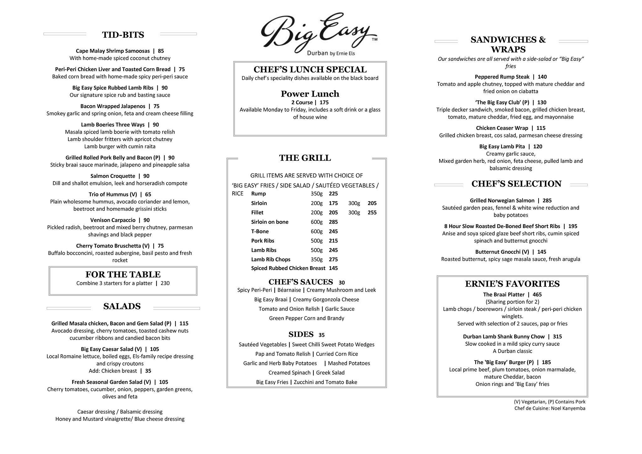 Menu at Big Easy Durban pub & bar, Durban