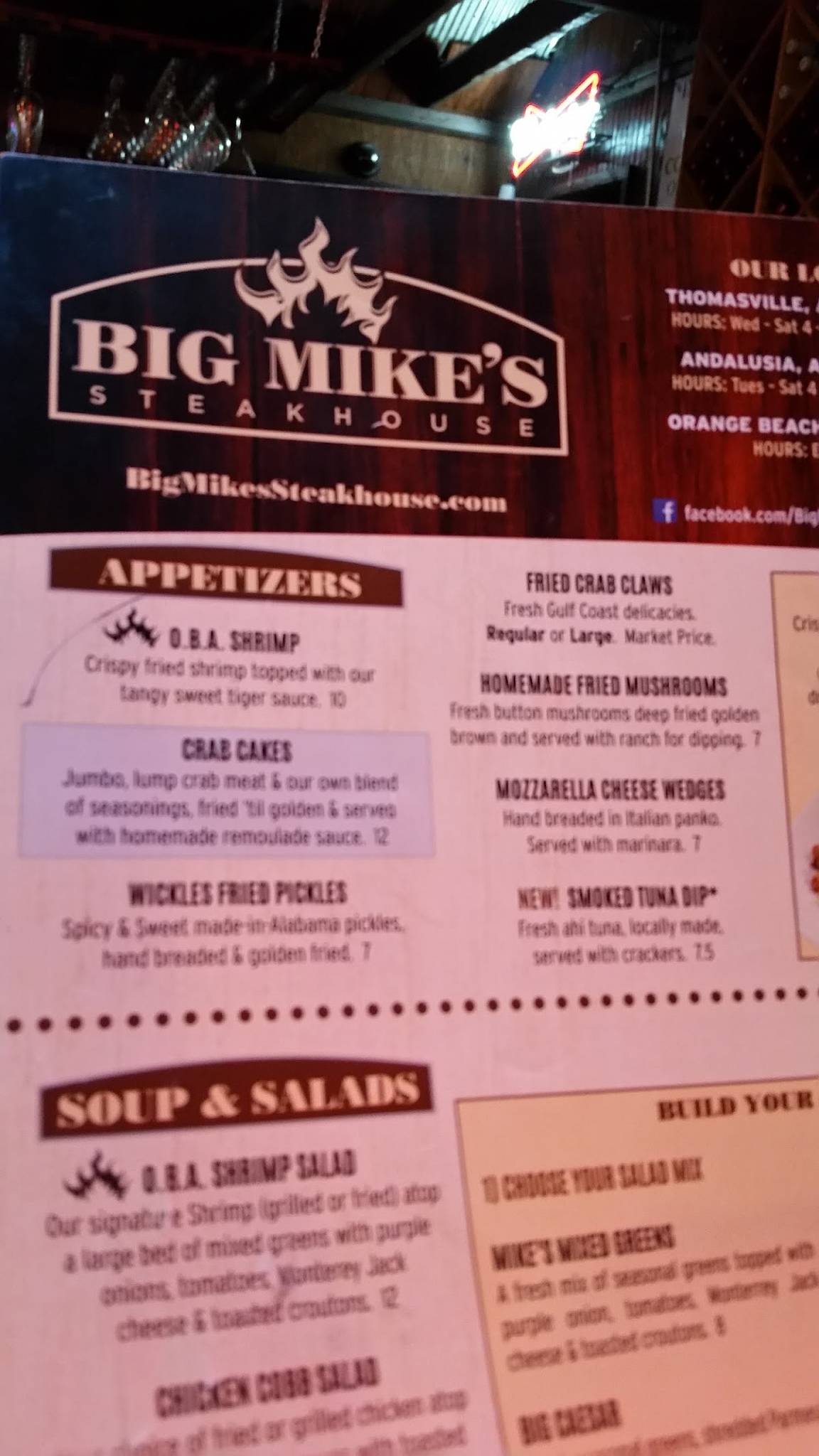 Menu at Big Mike's Steakhouse - Orange Beach, Orange Beach