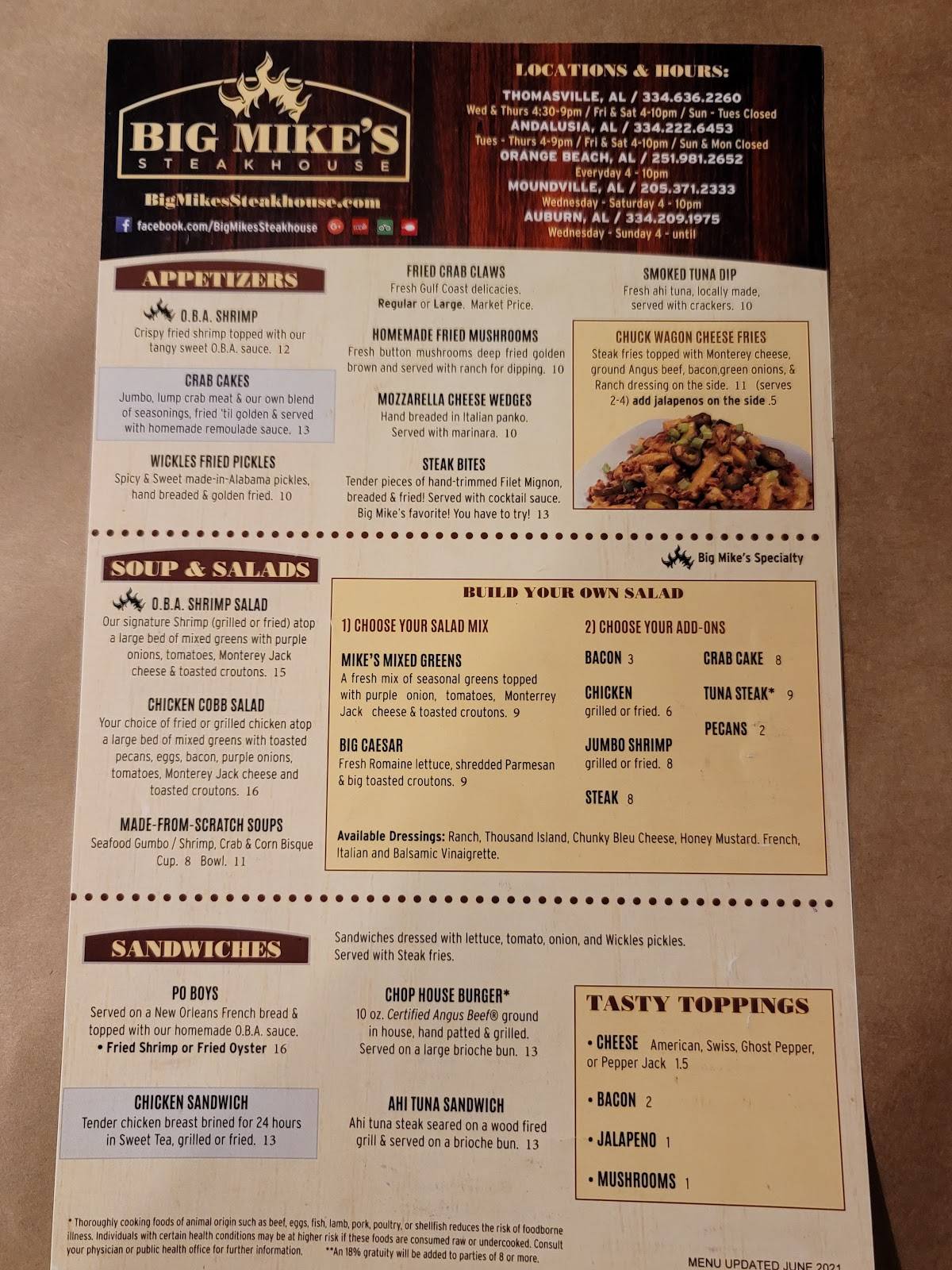 Menu at Big Mike's Steakhouse - Orange Beach, Orange Beach