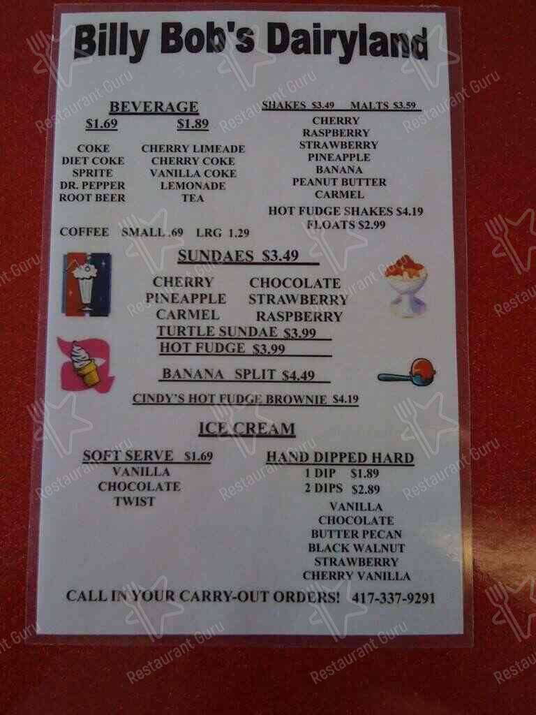 Menu at Billy Bob's Dairy Land restaurant, Branson, W 76 Country Blvd