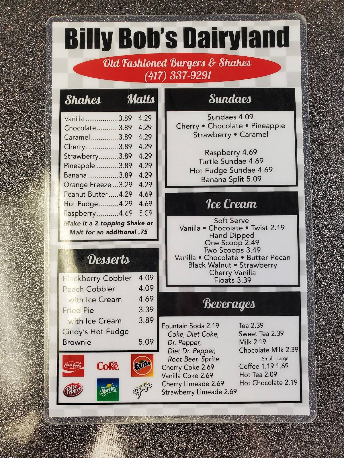Menu at Billy Bob's Dairy Land restaurant, Branson, W 76 Country Blvd
