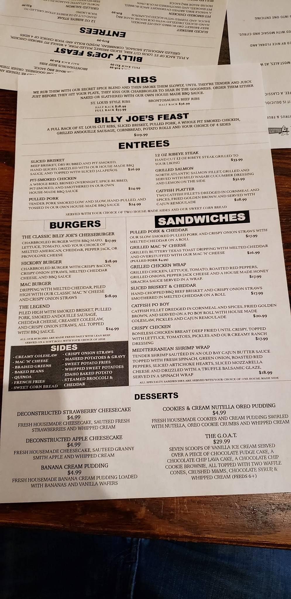 Menu at Billy Joe's Ribworks pub & bar, Newburgh