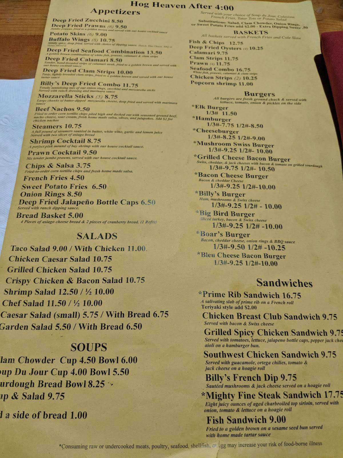 Menu at Billy Smoothboars BBQ, Bandon