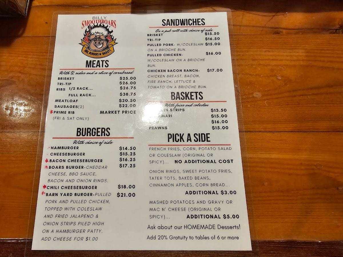 Menu at Billy Smoothboars BBQ, Bandon