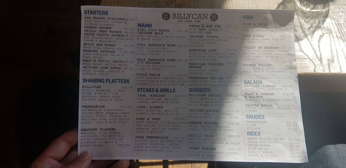Menu at Billycan pub & bar, Tenby