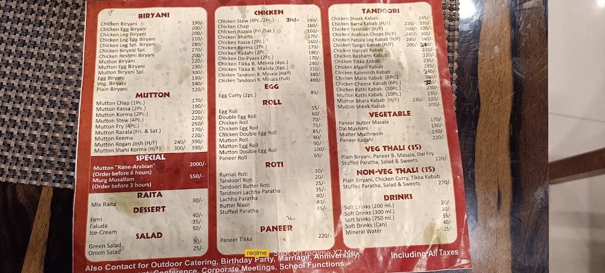 Menu at Biryani Mahal, Bihar Sharif