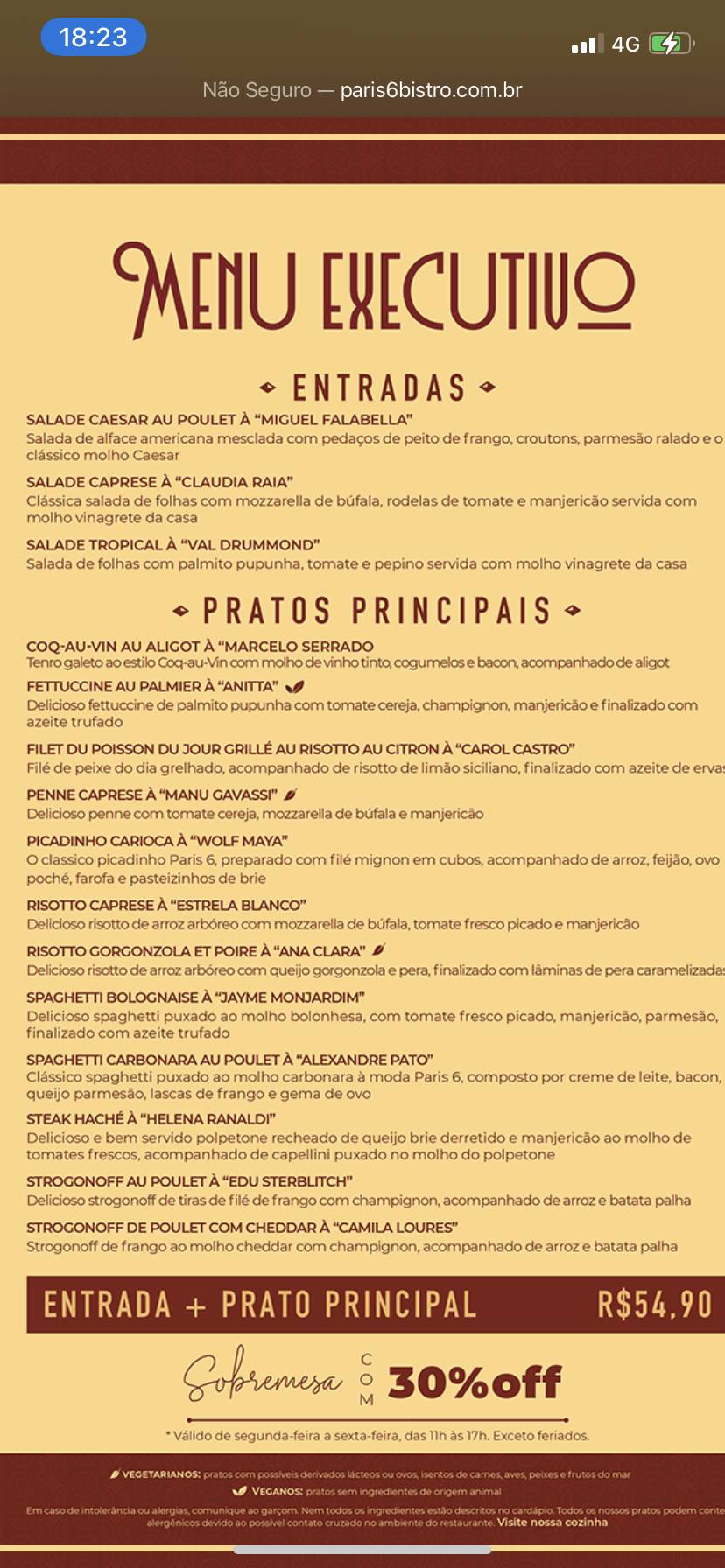 Menu em Paris 6 Barra da Tijuca, Rio de Janeiro, Av. Érico Veríssimo