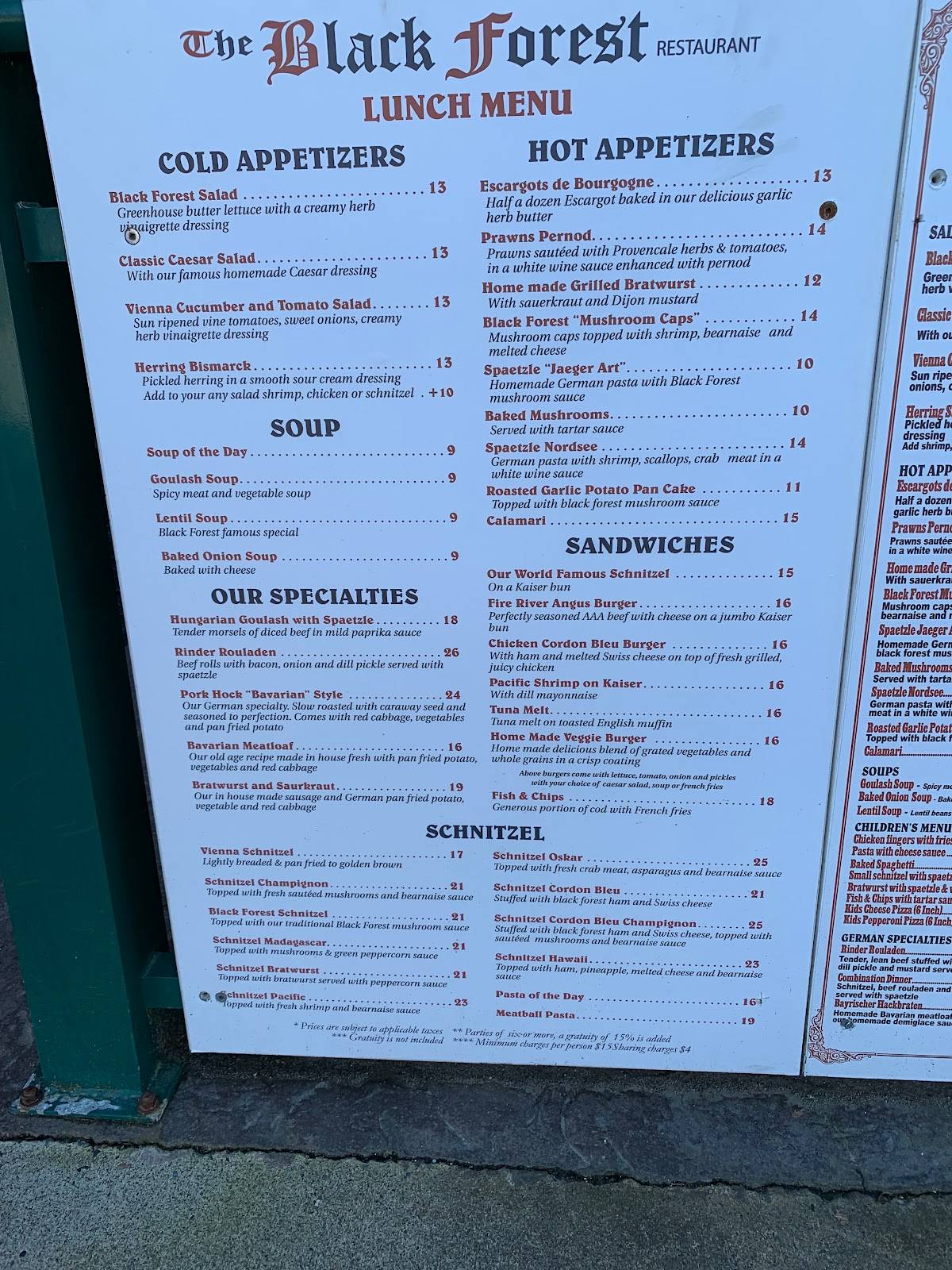Menu at Black Forest Steak & Schnitzel House restaurant, Harrison Hot ...