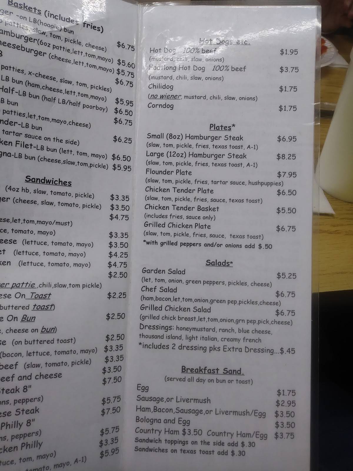 Menu at Blackwood's Drive-In restaurant, Kings Mountain