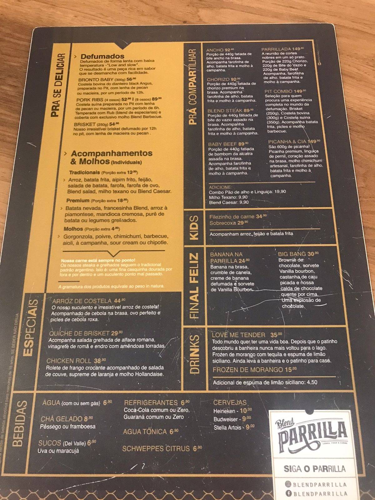 Menu at Blend Parrilla restaurant, Rio de Janeiro