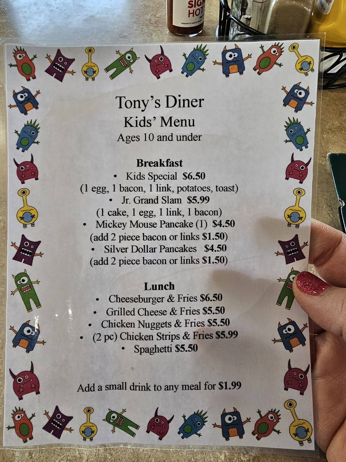 Menu at Tony's Diner restaurant, Bloomington