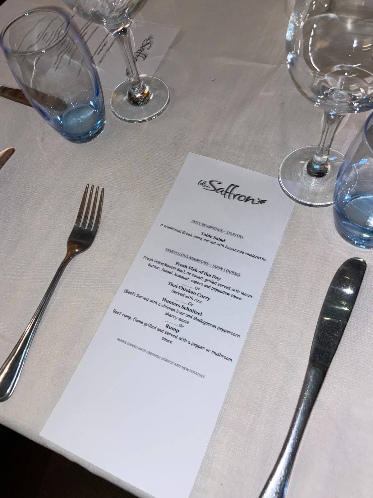 Menu at Blu Saffron restaurant, Pretoria