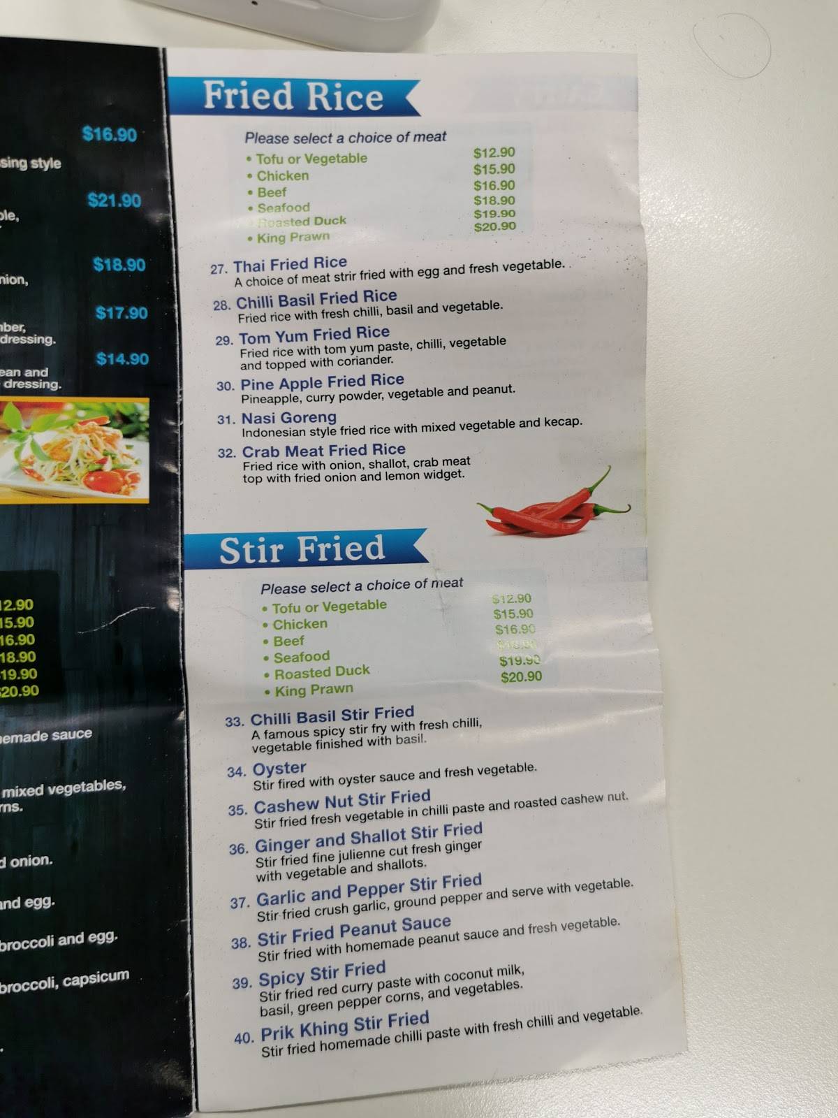 Menu at Blue Elephant Thai restaurant, Darlinghurst