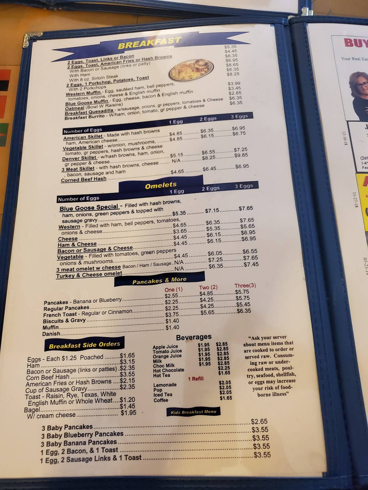 Menu at Blue Goose Cafe, Fennville