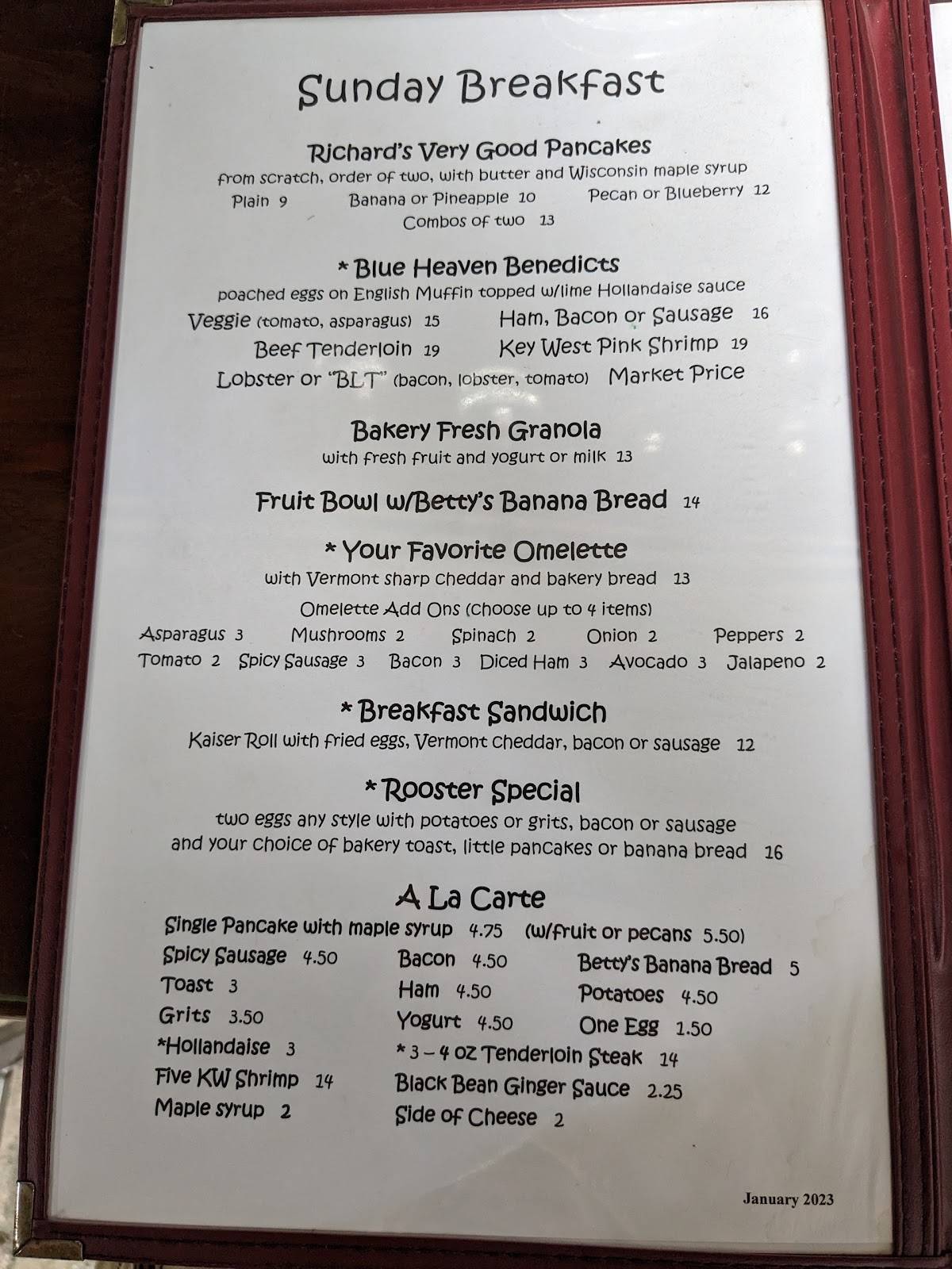 Menu at Blue Heaven restaurant, Key West
