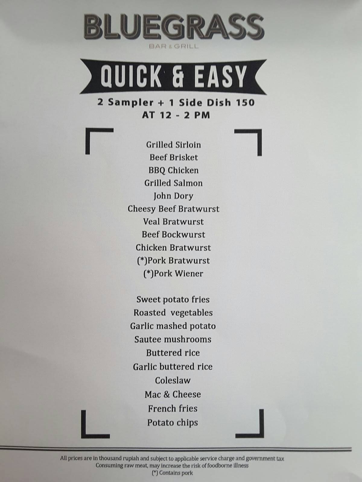 Menu at Bluegrass Bar & Grill, South Jakarta