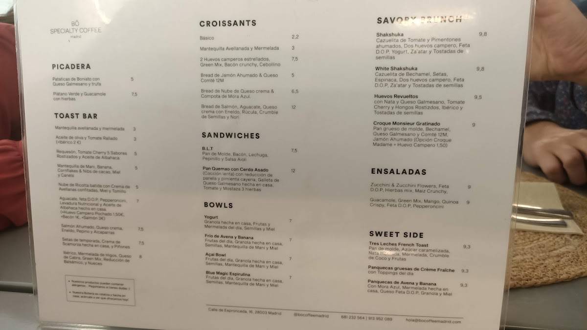 Carta de cafetería Bô Specialty Coffee, Madrid