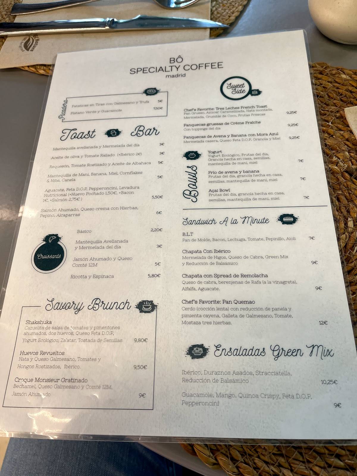 Carta de cafetería Bô Specialty Coffee, Madrid