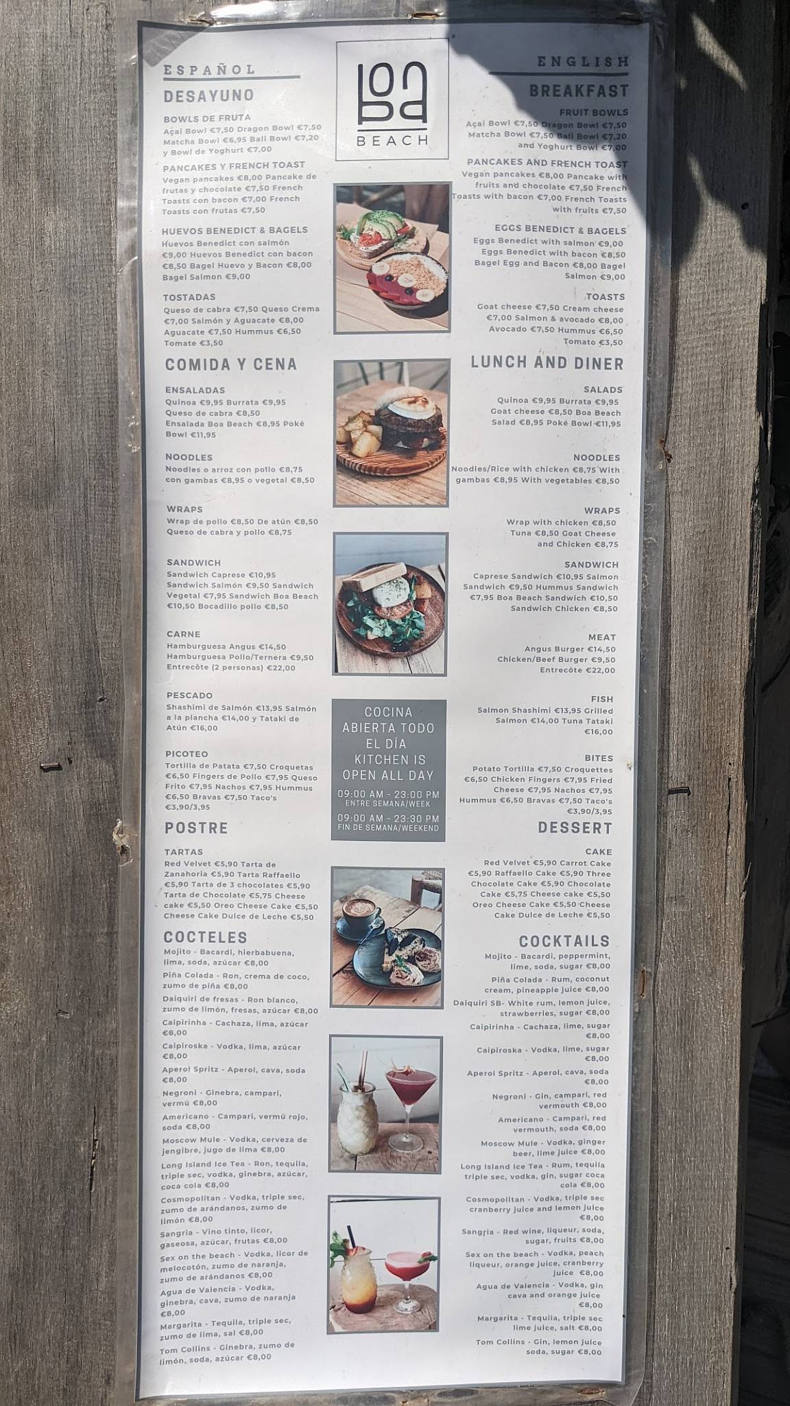 Menu at Boa Beach restaurant, Valencia