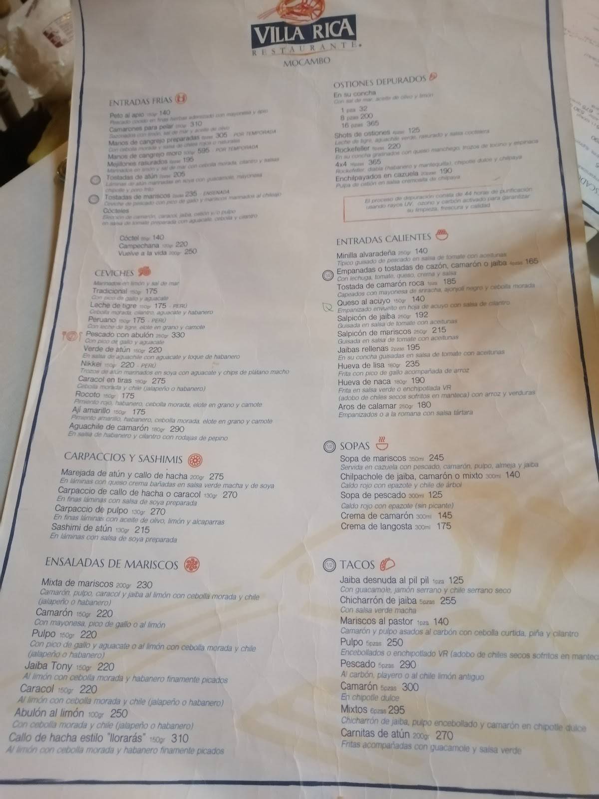 Carta del restaurante Mariscos Villa Rica Mocambo, Boca del Río, C ...