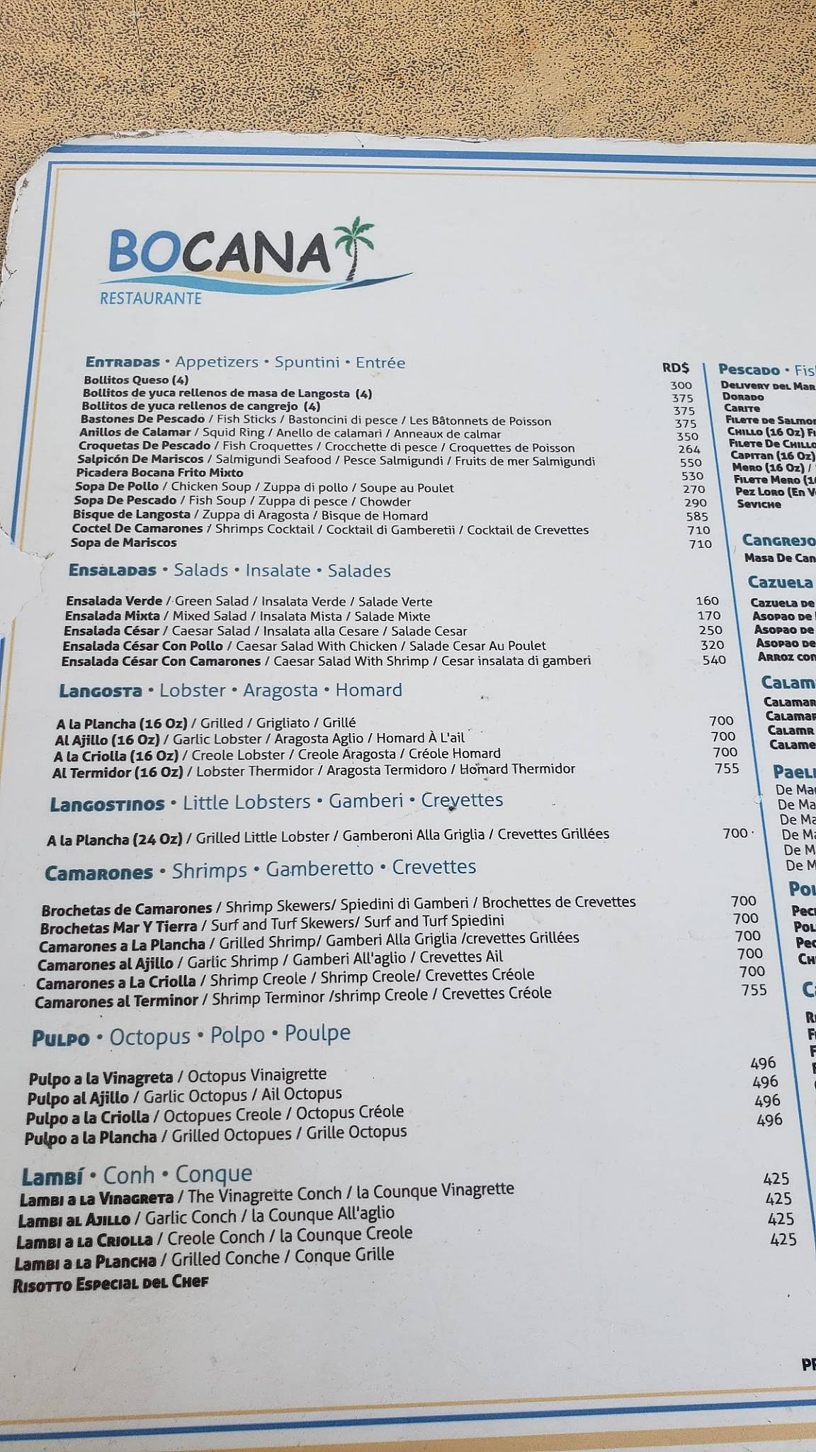 Menu at Bocana Beach & Club, Boca Chica