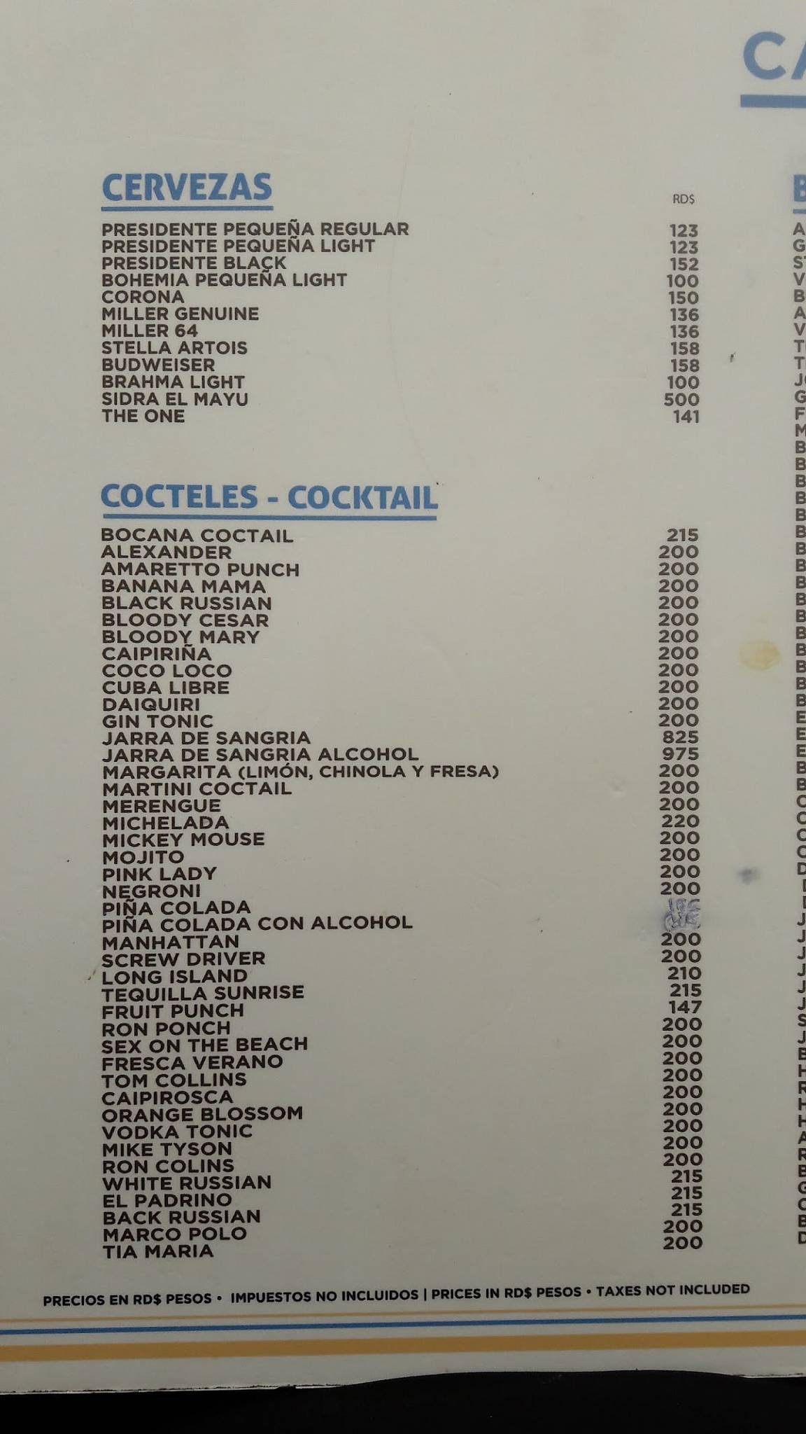 Menu at Bocana Beach & Club, Boca Chica