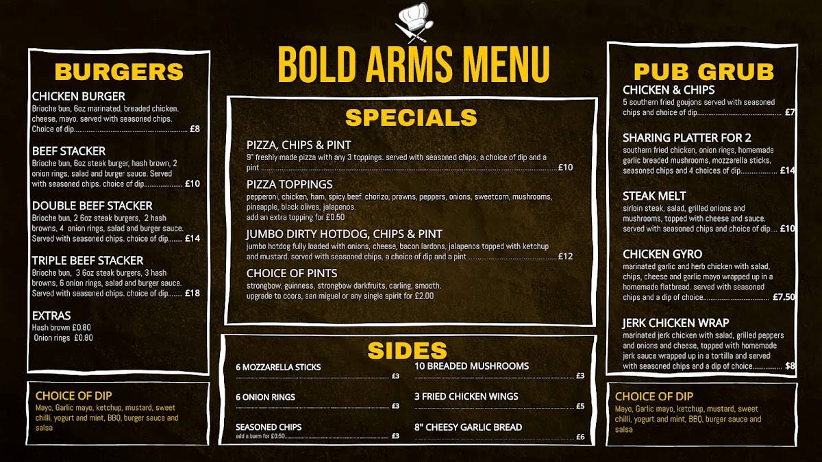 Menu at Bold Arms pub & bar, Beaumaris