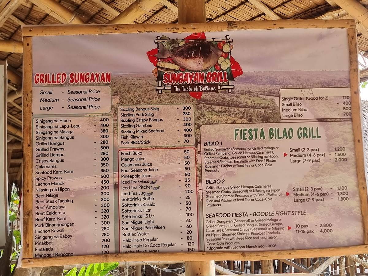 Menu at Sungayan Grill restaurant, Bolinao, 9V34+Q2W