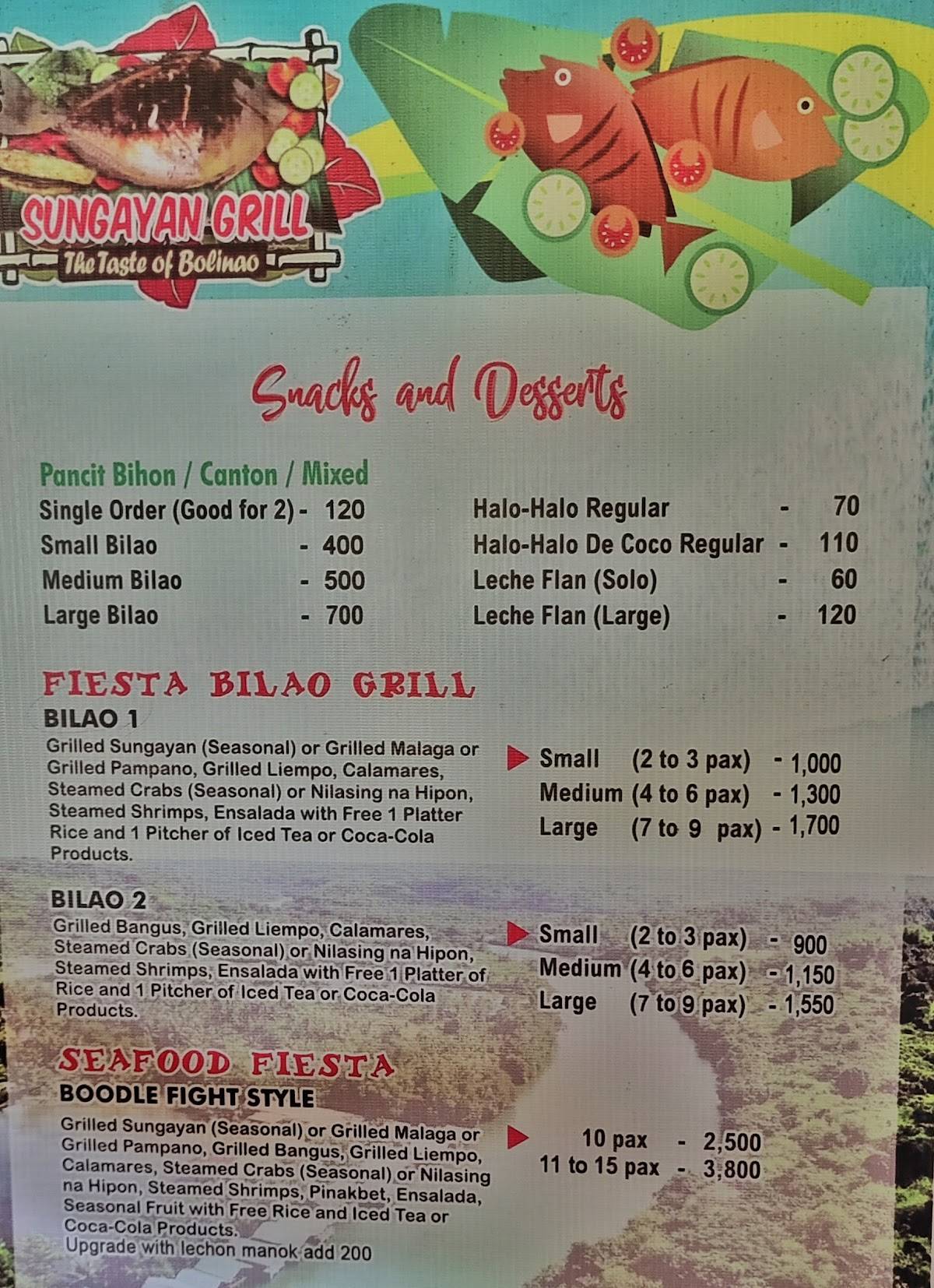 Menu at Sungayan Grill restaurant, Bolinao, 9V34+Q2W