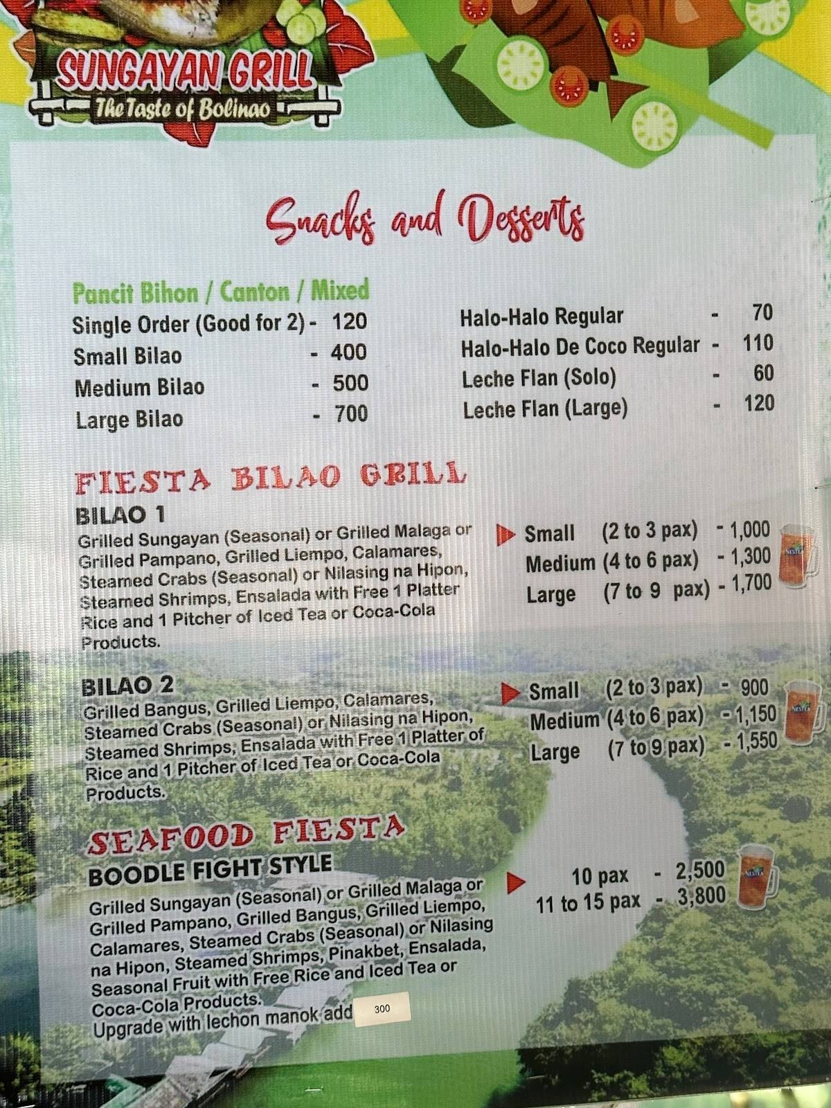 Menu at Sungayan Grill restaurant, Bolinao, 9V34+Q2W